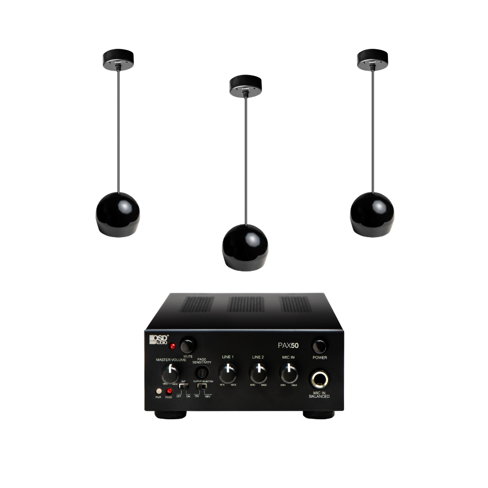 3.5" Black Hanging Sphere Speakers + 50W Commercial Amp Bundle ...
